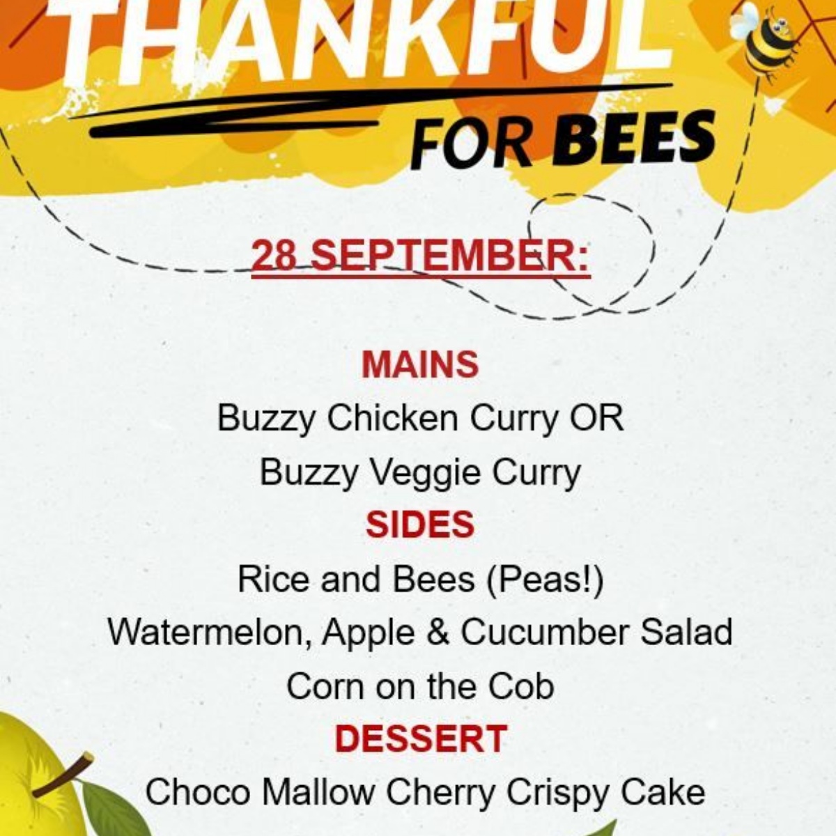 Foxfield Primary School - Bee Thankful - 28th September - Theme Day Menu
