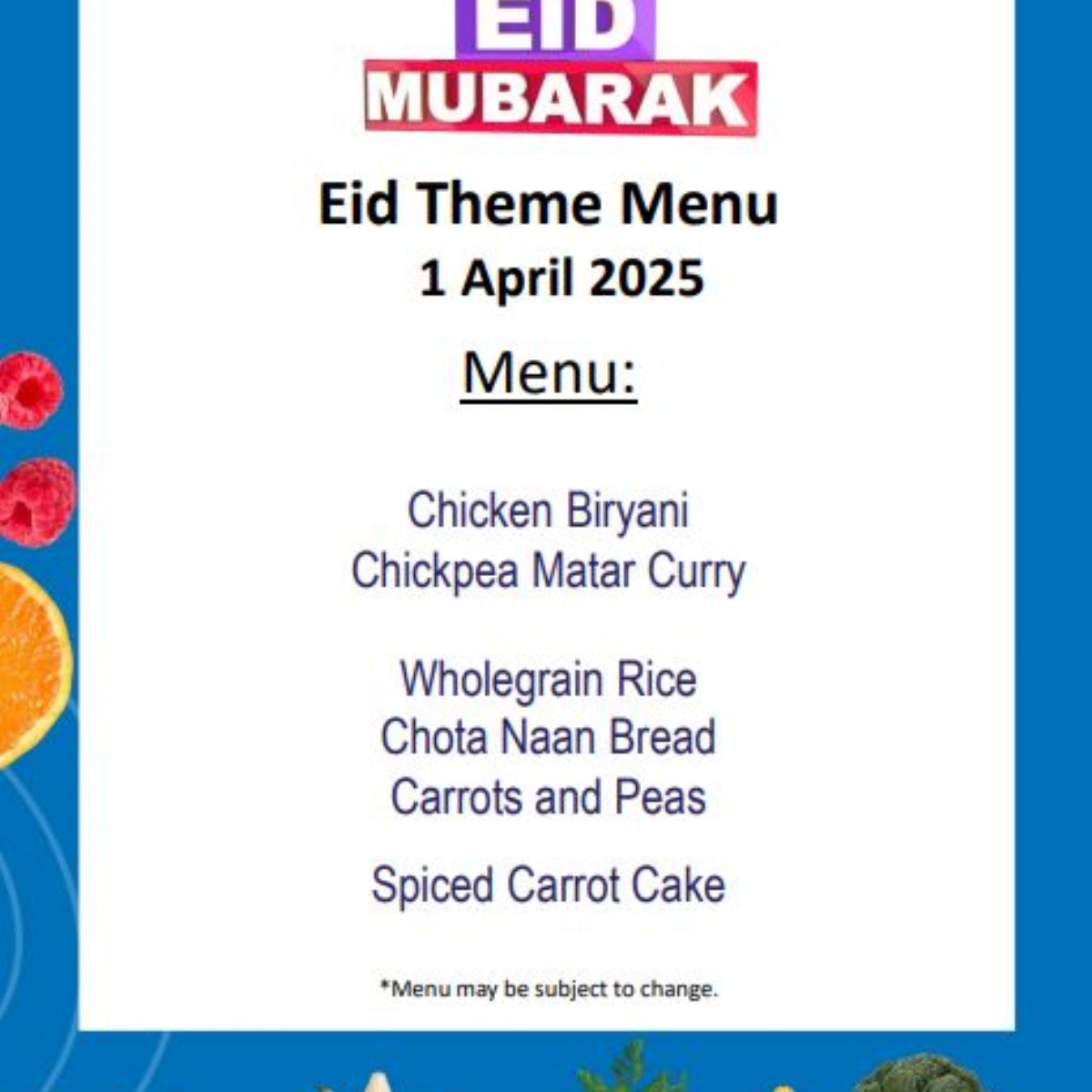 Foxfield Primary School - Eid Menu - Tuesday 1st April